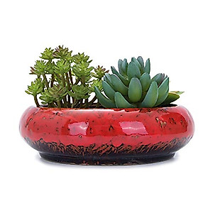 VanEnjoy 7.3 inch Round Large Shallow Succulent Ceramic Glazed Planter Pots with Drainage Hole, Bonsai Pots Garden Decorative Cactus Stand Flower Container (Red)