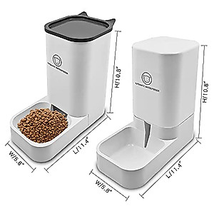 Pet Food Feeder and Water Feeder Set Self-Dispensing Gravity - Dog Automatic Feeders Cat Water Dispenser for Large Middle Small Cats Dogs Kitten Puppy, White, 11.4X5.8X10.8 inch