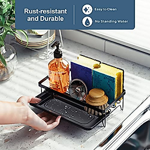 iSPECLE Kitchen Sink Caddy Sponge Holder Kitchen Sink Caddy Organizer, Brush Holder Drainer with Removable Drain Tray, Dish Soap and Sponge Holder Storage Kitchen Accessories, Black