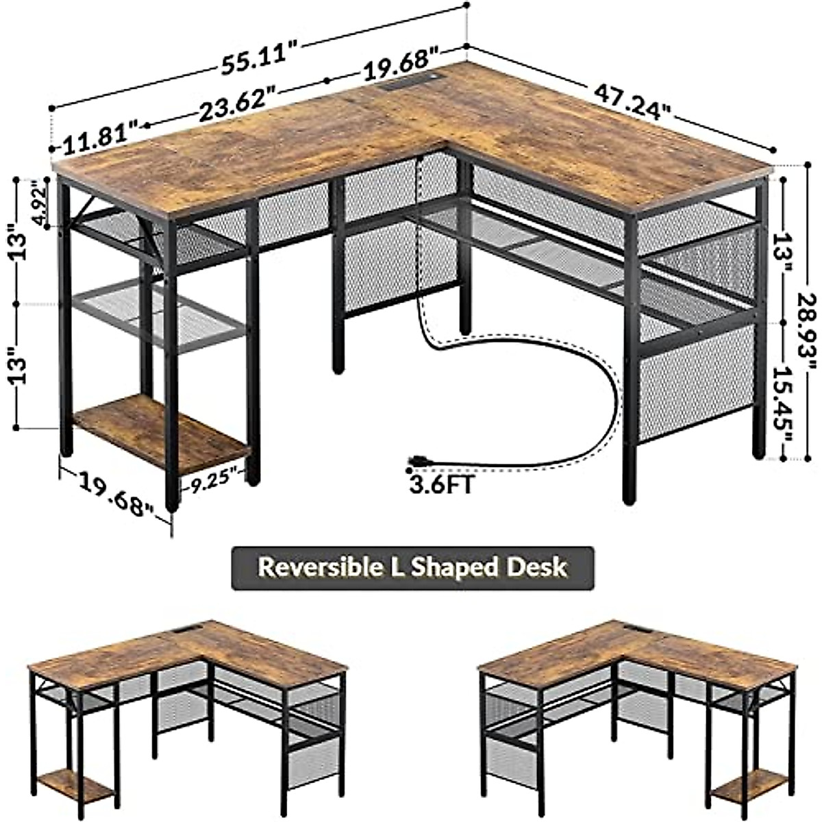 L Shaped Desk with USB Charging Port and Power Outlet, Reversible L-Shaped Corner Computer Desks with Storage Shelves, Industrial 2 Person Gaming Table Modern Home Office Desk