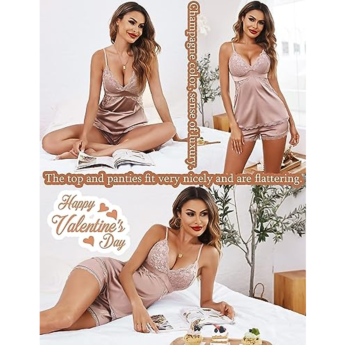 Avidlove Women Sleepwear Satin Pajamas Set Lace Camisole Shorts Nightwear (L, Champagne)