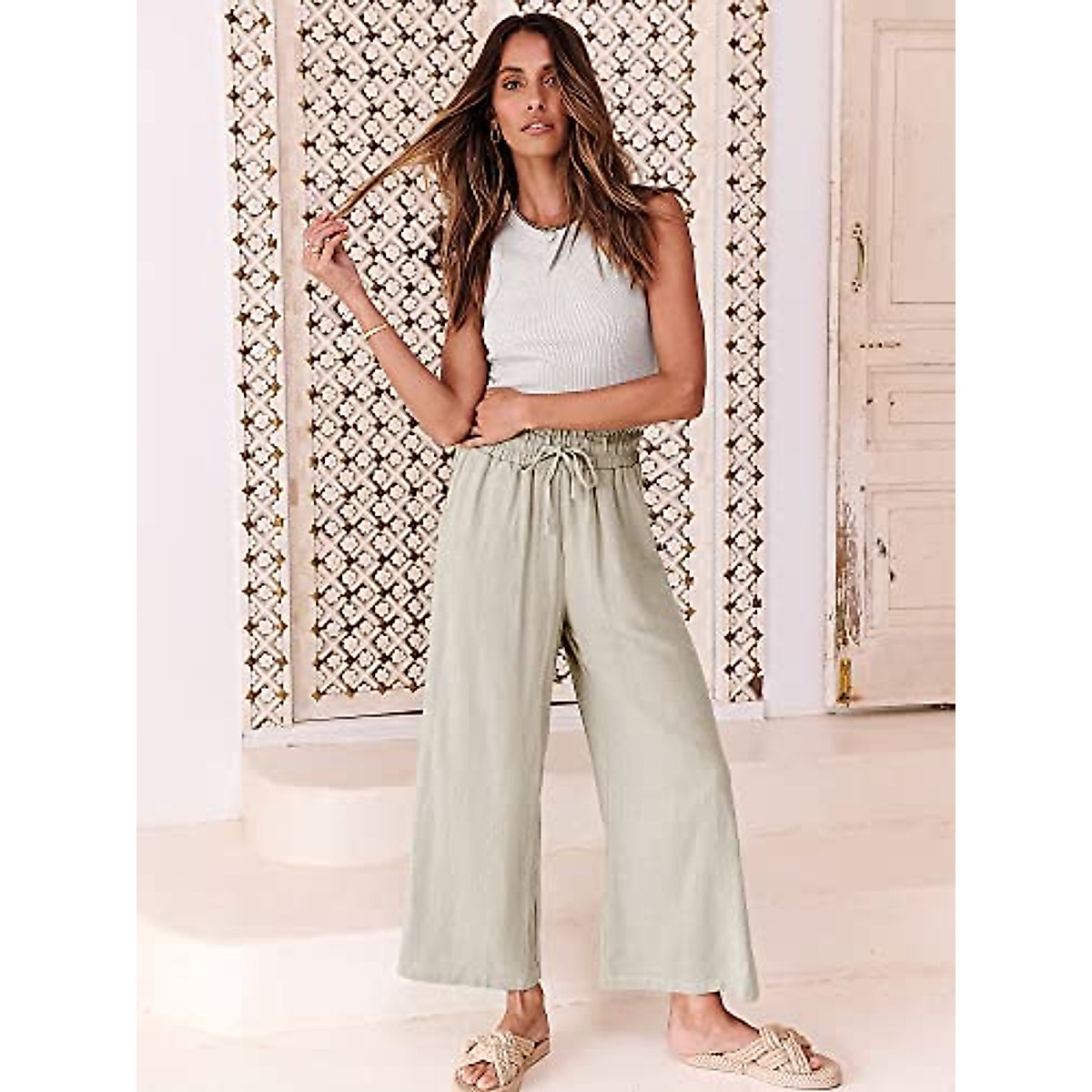 ANRABESS Women's Linen Pants Casual Loose High Waist Drawstring Wide Leg Capri Palazzo Lounge Pants Cropped Trousers Summer Boho Outfits 939maxing-S Beige