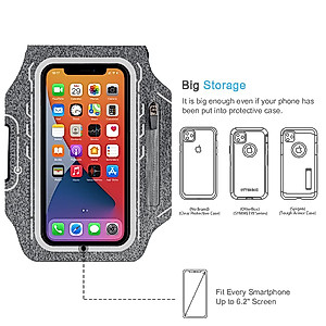 JEMACHE Running Armband for iPhone 15 14 13 12 11 Pro, Samsung Galaxy S24 S23 S22 S21, Gym Workouts Arm Band with Airpods Holder (Grey)