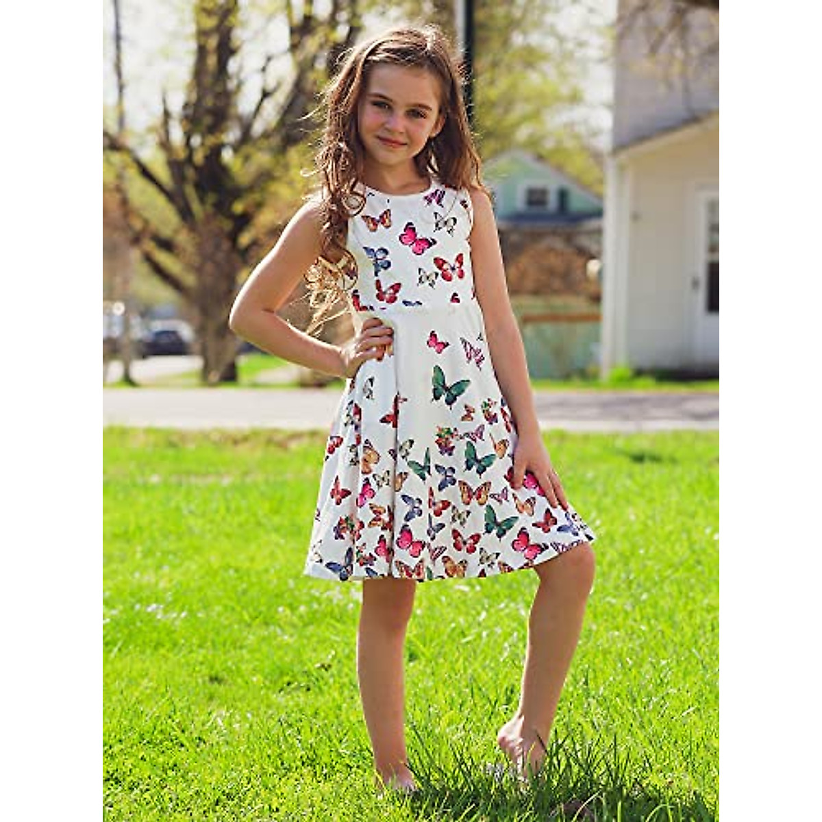 Girls Summer Dresses Butterfly Sleeveless Dress Casual Swing Pocket Sundresses (White, Girls Dresses Size 6)