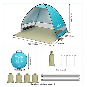 G4Free Portable Beach Tent 2-3 Persons Sun Shade Shelter UPF 50+ Sport Umbrella Canopy with Extendable Floor Foldable Lightweight