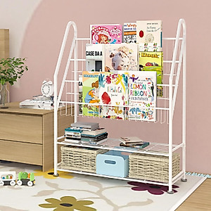 Azheruol Kids Bookshelf Freestanding for Children Room 32 Inches White Metal Bookcase Large Capacity Books Toys Organizer Stable 5 Tiers Kids Book Rack for Playroom Bookstore Library.