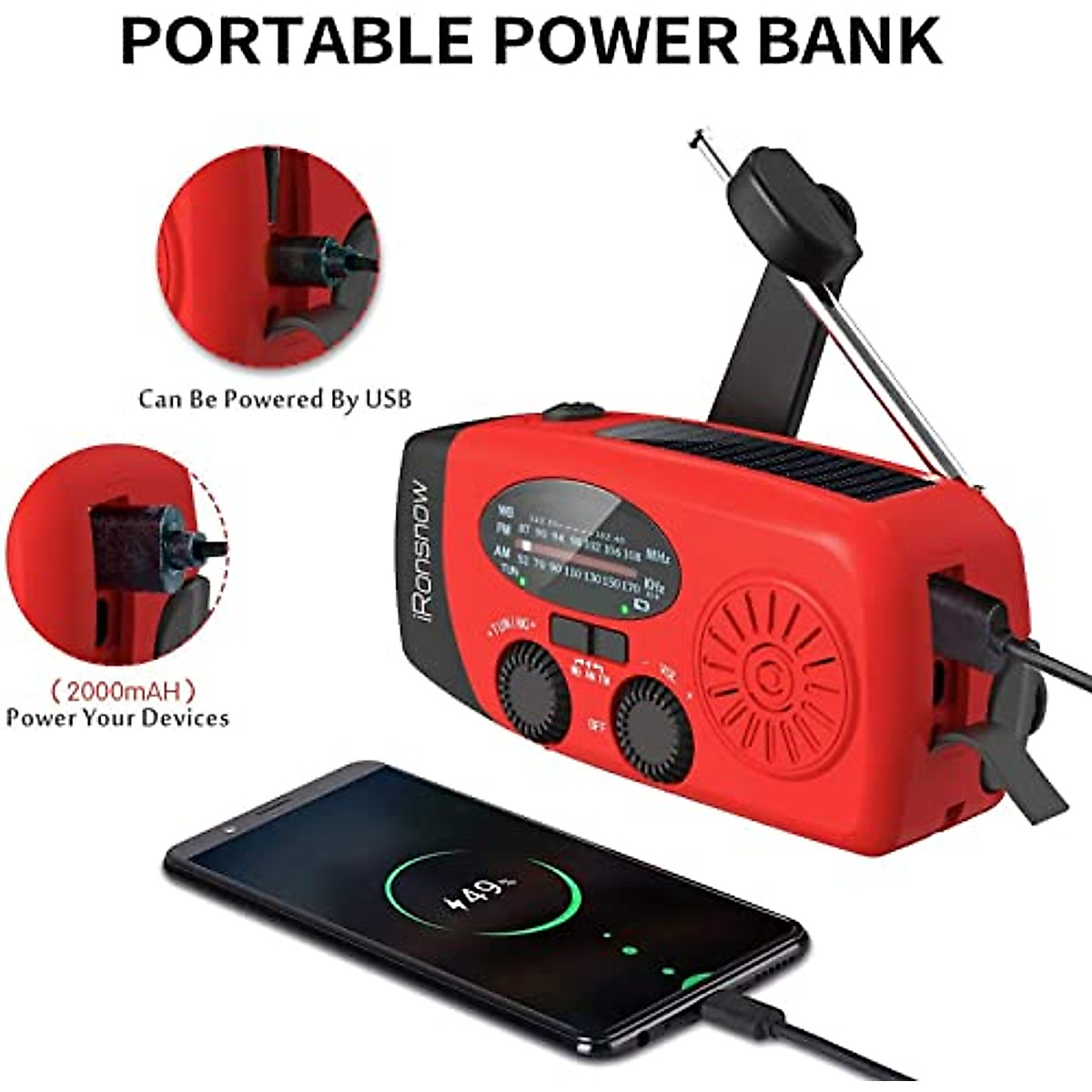 【2023 Upgraded】 iRonsnow Solar Hand Crank Radio AM/FM/NOAA/WB Weather Emergency Radio, Dynamo LED Flashlight 2000mAh Power Bank for iPhone/Android Smart Phone SOS Alarm (IR086 Red)