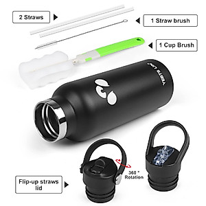 YEBTS LIFE Water Bottle,Vacuum Insulated Water Bottles with 2 Lids & 2 Straws&Brush,Stainless Steel Water Bottles Keep Hot and Cold,Leak Proof,Sports Water Bottle for Hiking Biking Sport (18oz, Black)