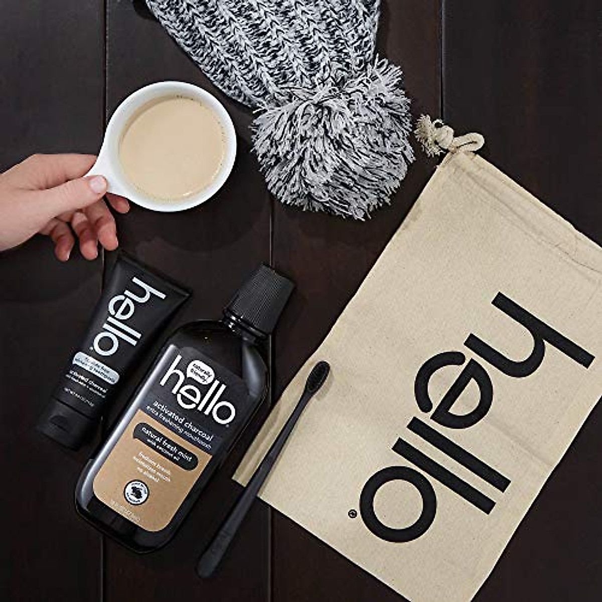 Hello Activated Charcoal Starter Kit Fluoride Free SLS Free Whitening Toothpaste Extra Freshening Mouthwash 2 Charcoal Bristle BPAFree Toothbrushes, Black, 1 Count