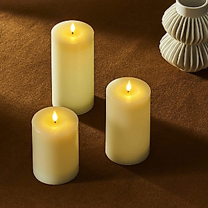 LampLust Realistic Flameless Candles with Remote - Set of 3, Batteries Included, Real Wax, 3D Flickering LED Flame, 3 Inch Diameter Pillar Candles for Mantel Decor, Valentine & Wedding Decorations