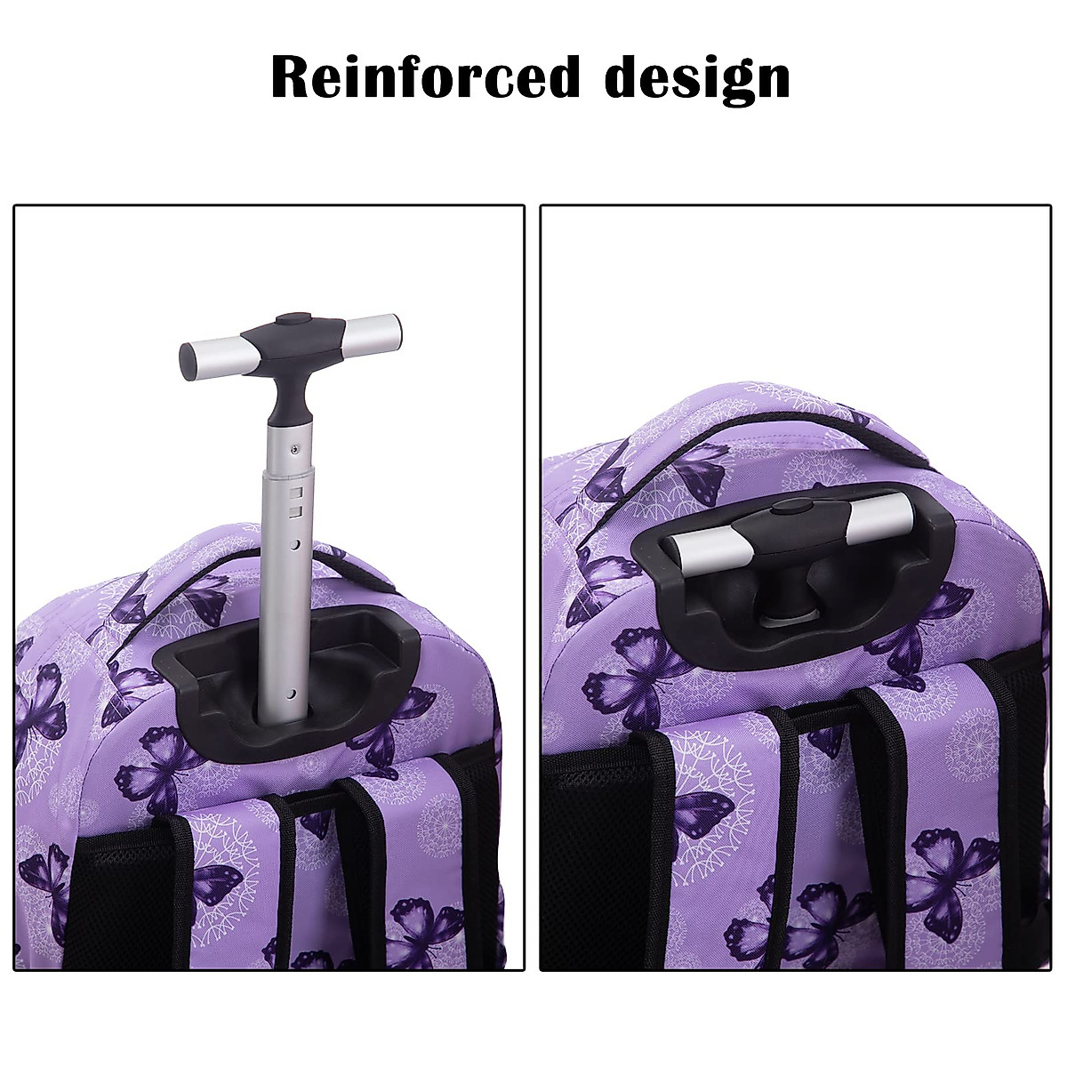 SKYMOVE 18 inches Wheeled Rolling Backpack Multi-Compartment Elementary Books Laptop Roller Bag Short Trip Carry-on for Women and Girls, Purple Butterfly