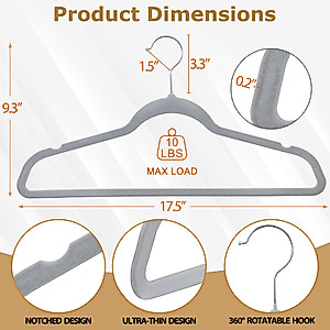 SUPER DEAL Velvet Hangers 100 Pack Premium Clothes Hangers Slim Non-Slip Notched Hangers for Suit Coat Pants Dress 360 Degree Swivel Space Saving Heavy Duty Hangers for Closet, Grey