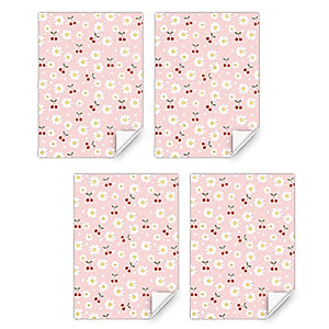 White and Yellow Daisy Floral With Red Cherries On Pink Gift Wrapping Paper 4 Sheets For Kids Girls Boys, Flower Gift Wrap for Birthday New Baby Shower Wedding Holiday Christening and More Occasion