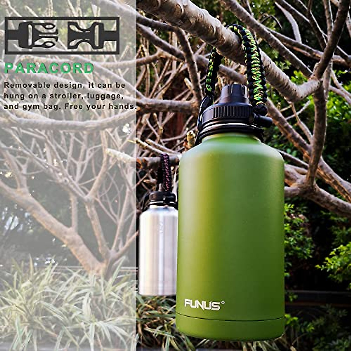 FUNUS 64oz Insulated Water Bottle (2 Lids) Vacuum Stainless Steel with Handle Flip Top Lid and Paracord BPA Free Metal Water Jug Sports Outdoor Camping