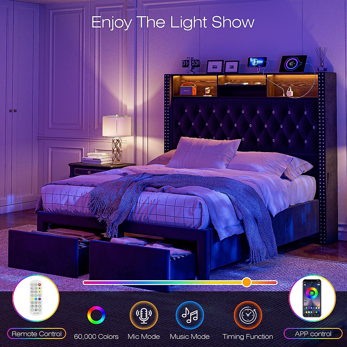 CIKUNASI Upholstered Queen Size Bed Frame with Headboard and Storage, 60“Tall Bed Frame with 2 Drawers, Tufted Wingback Bed Frame Queen Size LED Light, Charging Station, No Box Spring Needed