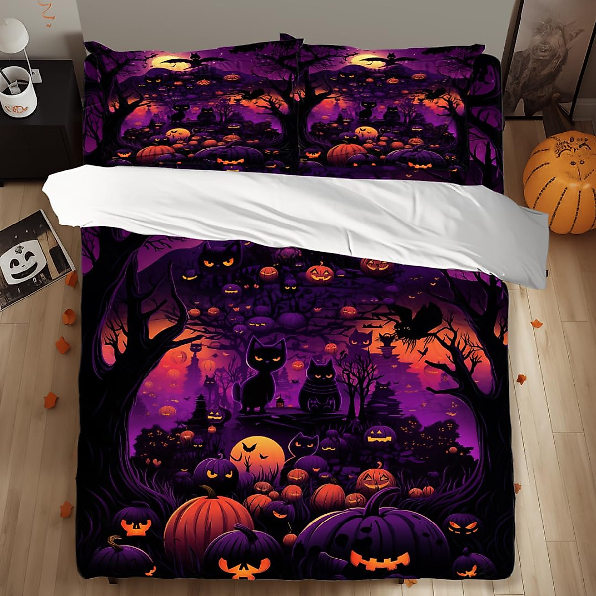 DiuuDi Halloween Elements Duvet Cover King Size 3D Printed Black Cat Pumpkin Tree Duvet Cover Set Purple and Orange Bedding Set Comforter Cover Cozy Quilt Cover with 2 Pillowcases