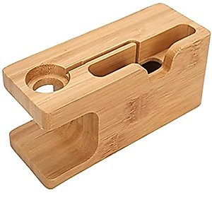 Wooden Docking Station for Multiple Devices - Desktop Organizer Smartphone Charging Dock Tablet and Charging Stand - Bamboo Charging Station with Multiple Cables