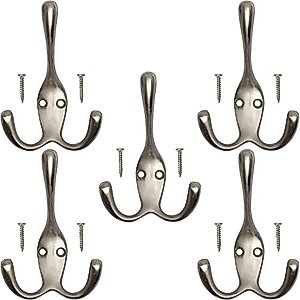 Neighbours Lane Towel Hooks for Bathroom Wall Mounted - Satin Nickel Three Prong Wall Hooks for Hanging Coats, Clothes, Bags, Hats, Towels, & More - Pack of 5 Medium-Sized Robe Hooks