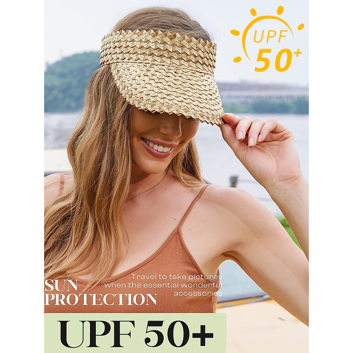 Straw Visors for Women, Visors for Women Wide Brim, Beach Hats for Women Foldable, Hand Woven Sun Hats for Women (Smoky)
