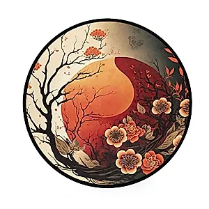 Vnurnrn Round Area Rug (Oriental Moon Floral), Non Slip Indoor Throw Area Rug Washable Circle Carpet Floor Mat for Living Room, Door Entryway, Bedroom, Sofa, 3 Ft