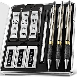 Four Candies Metal Mechanical Pencil Set - 3PCS 0.5mm Art Mechanical Pencils & 360PCS HB Lead Refills & 3PCS Erasers & 9PCS Eraser Refills, Drawing Mechanical Pencils for Writing, Sketching -With Case