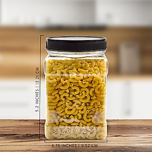 32oz Square Plastic Jars (4-Pack, Quart); Clear Rectangular 4-Cup Canisters w/Black Lids, Easy-Grip Side