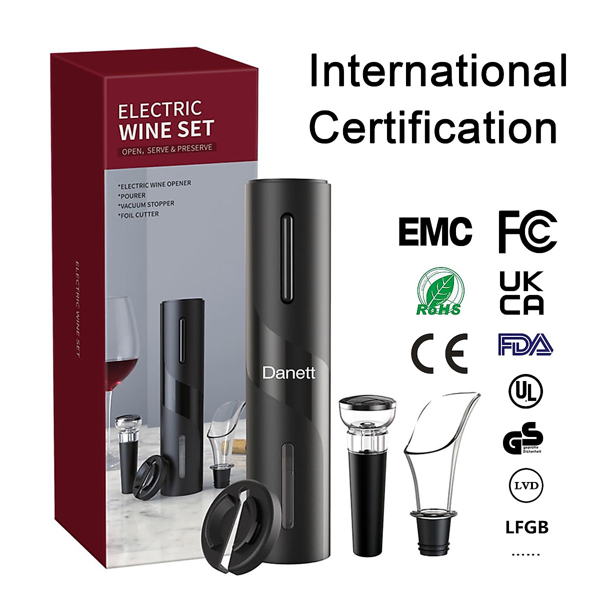 Danett Electric Wine Opener Set - Automatic Corkscrew Opener with Foil Cutter, Pourer, and Vacuum Stoppers - Battery Operated - 4-in-1 Wine Accessories Kit-for Wine Lovers