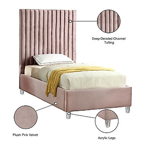 Meridian Furniture Candace Collection Modern | Contemporary Velvet Upholstered Bed with Deep Channel Tufting and Custom Acrylic Legs, Pink, Twin