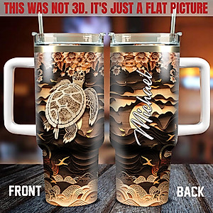 WAZONE Personalized Turtle 40oz Tumbler with Handle and Straw Lid Customized Animal Wooden Drawings Tumblers Stainless Steel Insulated Coffee Travel Mug Custom Gifts for Turtles Lover Men Women