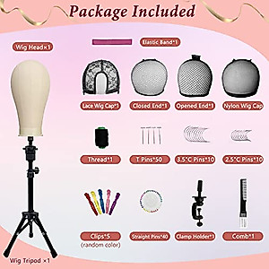 22 Inch Canvas Block Head Mannequin Wig Head (White), Wig Stand Tripod with Head, Mannequin Head Wig Display Styling Head With Mount Hole, Manikin Canvas Head Block Set for Wigs Making Display with Wig Caps, T Pins C Pins Set Bristle Brush