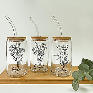Personalized Name Glass Cup with Birth Flower, Custom Ice Coffee Bridesmaid Gift for Her, Friend, Birthday, Bachelorette Party, Customized Aesthetic Boho Floral Beer Can Tumbler Bamboo Lid Straw