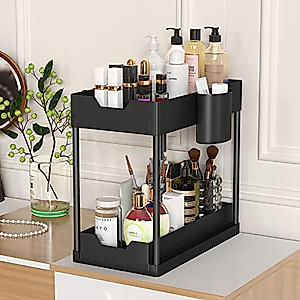 Innotic Under Sink Organizer, Double Sliding Under Cabinet Organizer 2 Tier Pull Out Drawers Multi-purpose Under Sink Organizers and Storage with 4 Hooks, Hanging Cup for Kitchen Bathroom 1 pack