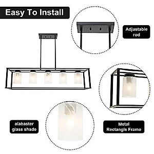 VINLUZ 5 Light Kitchen Island Chandeliers Farmhouse Black Linear Dining Rooms Lighting Fixtures Hanging with White Alabaster Glass Shade Rectangle Modern Industrial Pendant Ceiling Lights