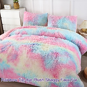 WINLIFE Faux Fur Comforter Set Twin Size for Girls Bedding Plush Shaggy Comforter Sets Gradient Ombre Tie Dye Bed Set Fuzzy Furry Long Hair Fluffy Comforter (3Pcs, Twin, Rainbow)