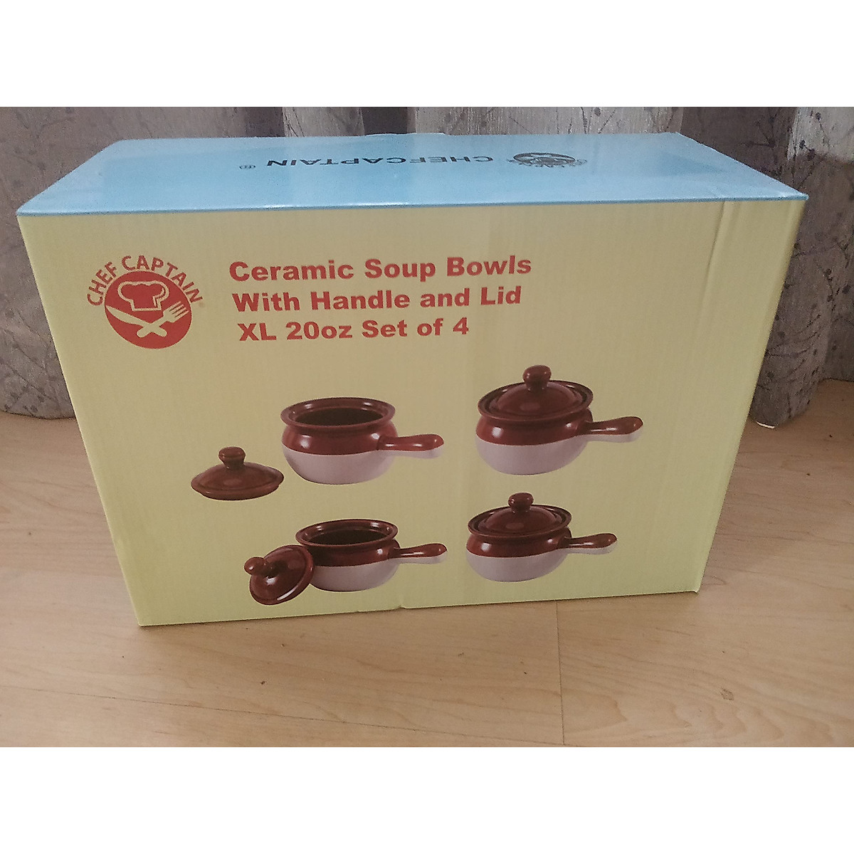 Chefcaptain Ceramic Soup Bowls, Soup Bowls With Handles High-Grade Ceramic Chili Bowls With Sturdy Handles And Lids, Stoneware Bowls French Onion Soup Crocks XL 22OZ (Brown Cream)