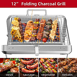 COWEKAI Mini Charcoal Grill, Portable Backpack Stainless Steel BBQ Grill, Table Top Collapsible Barbecue Grill for Small Patio and Backyard, Foldable Outdoor Accessories for Camping, Picnic, Beach