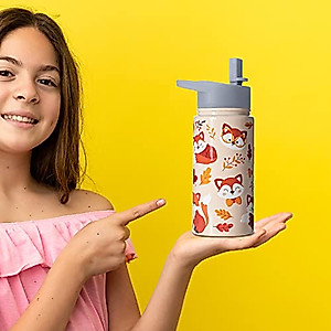 Weboia Kids Autumn Cute Water Bottle Fox Insulated Water Bottles BPA Free Double Wall Vacuum 15 oz Kids Cup with Straw Lid Leak Proof Fox Water Bottle Autumn Gift for Boys Girls School