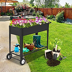 GARFANS Raised Garden Bed, Metal Raised Planter Box Outdoor with Legs, 2 Wheels and Shelf, Elevated Garden Bed Box for Vegetable Indoor Herb Flower Backyard Patio, 40" L x 16" W x 31.5" H