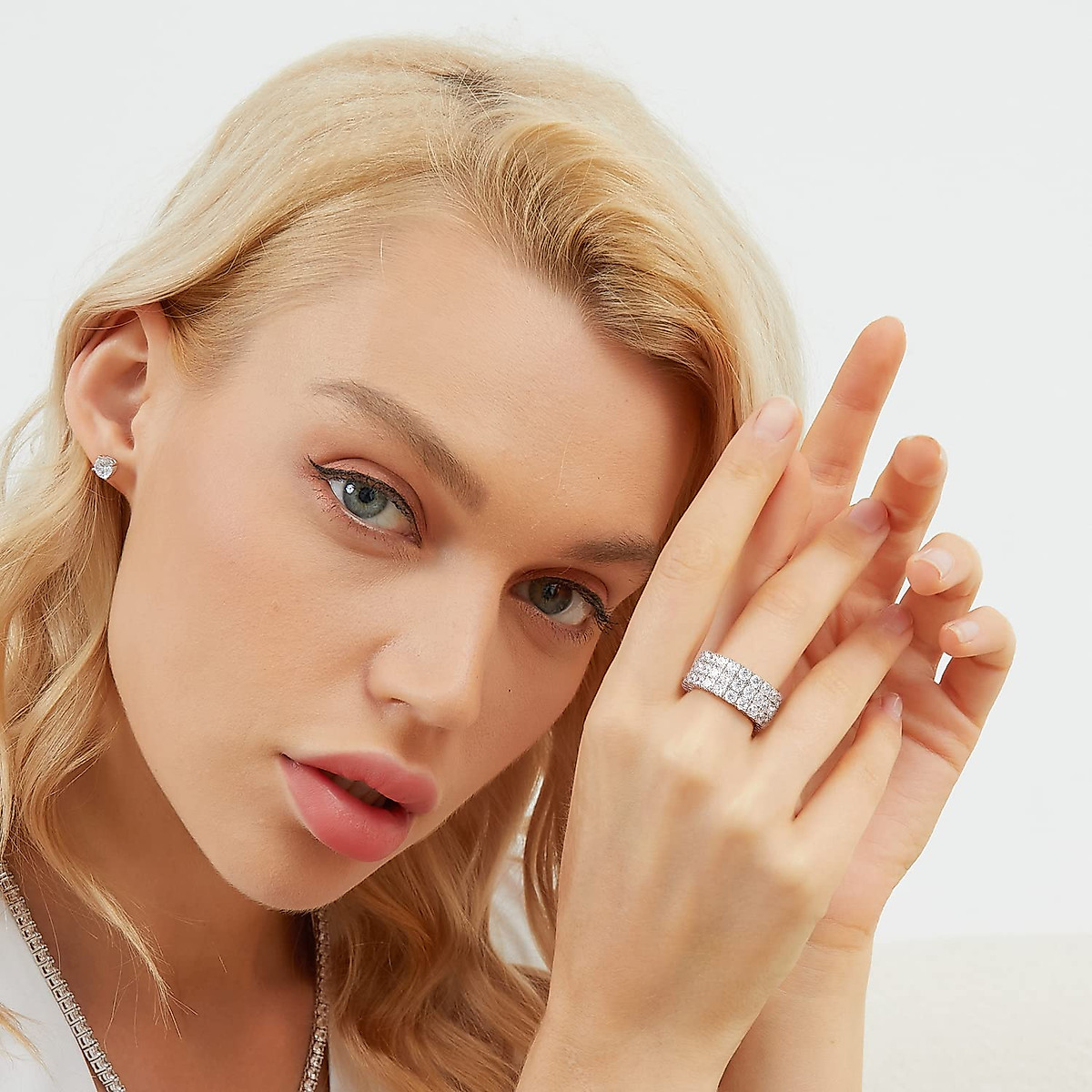 Gemsme 3 Row Cubic Zirconia Ring, 14K White Gold 3 Row Cubic Zirconia Eternity Statement Ring for Women (White Gold Plated, 7)