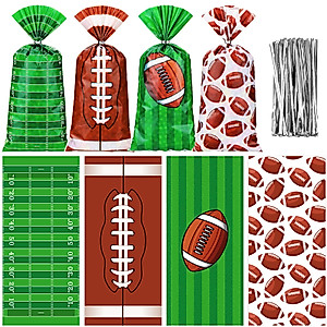 Jetec 100 Pcs Football Cellophane Bags Football Gift Treat Bag Goodie Candy Bags with Ties Football Birthday Party Decorations Supplies for Football Theme Baby Shower Party Serves (Stylish Style)