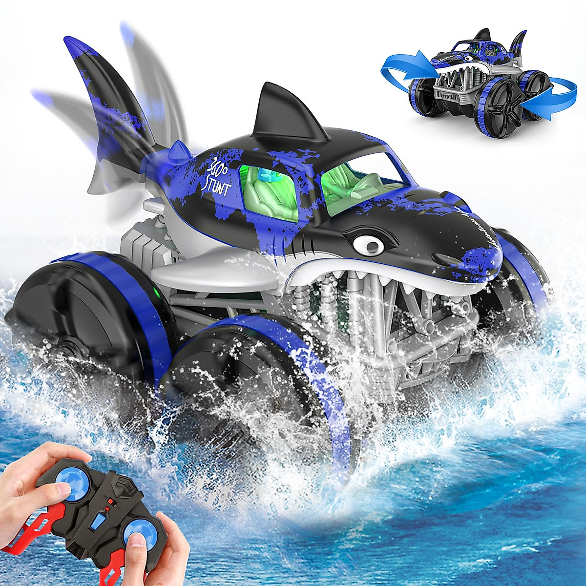 Amphibious Remote Control Car, RC Cars 2.4 GHz Working on Water, All Terrain Monster Shark Truck Stunt Car, Toys Gift for Boys Girls Age 5 6 7 8 9 10