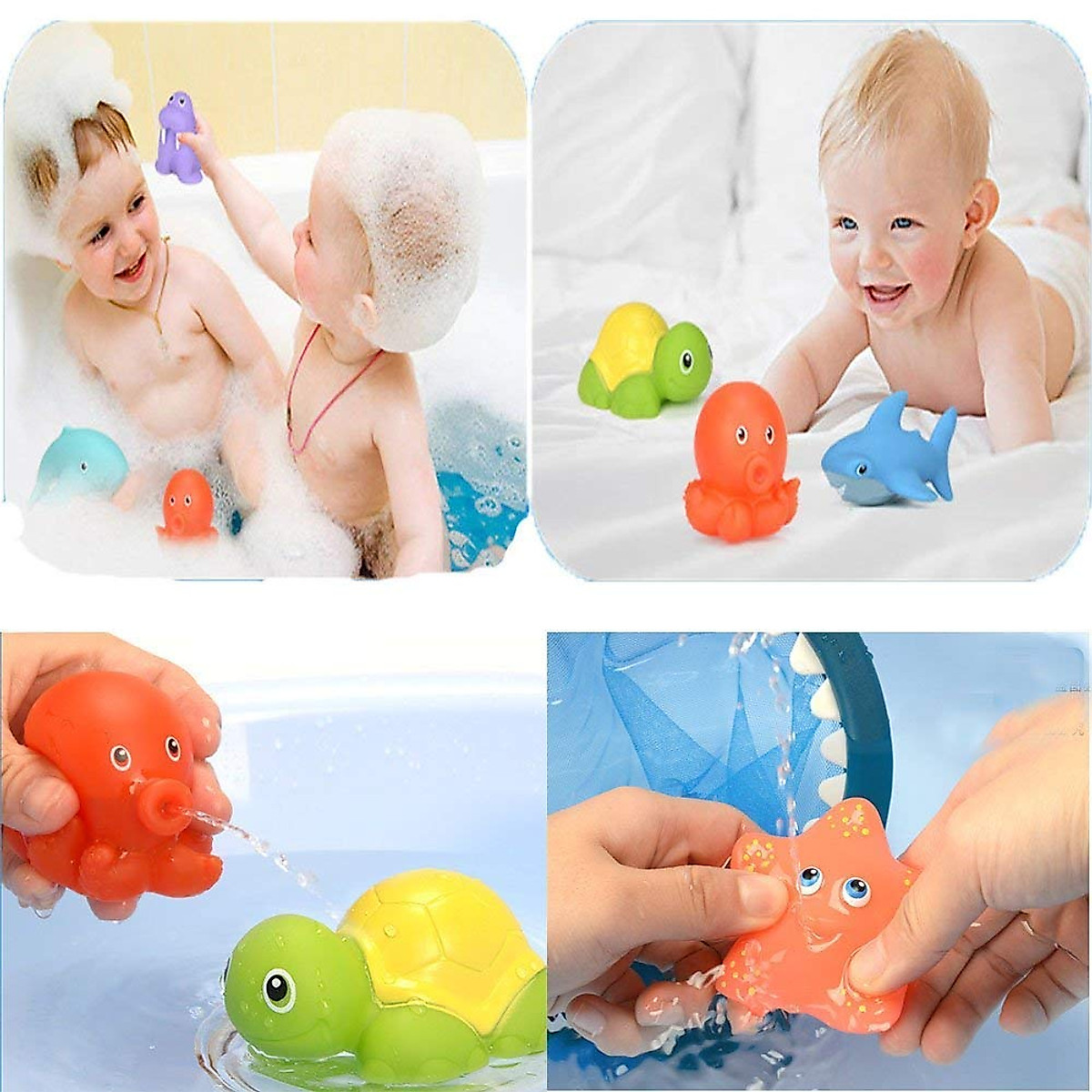 Bath Toy Baby Bathtub Toys, Sea Animals Squirter Toys, Water Spraying Discoloration Floating Animals Fishing Net, Bathroom Floating Pool Fishing Play Set for Toddler Kids, Set of 7