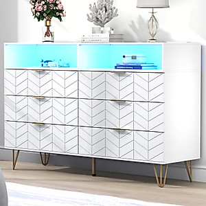 Loomie 6 Drawers Double Dresser with Power Outlet & LED Light,White Long Dresser Chests of Drawers with Storage Cubby,Wood Wide TV Dresser Stand for up to 55" for Bedroom,Hallway,Entryway