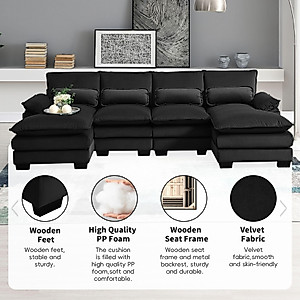 Merax 110" Modular Sectional Couches with Waist Pillows, 6-seat Upholstered Sleeper Sofa Bed Chaise Lounge for Living Room Furniture, Black