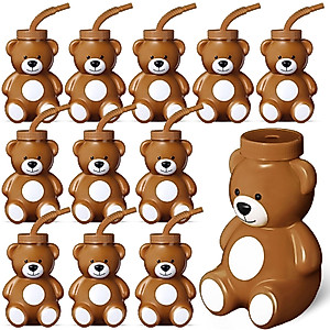 Maxdot 12 Pieces Baby Shower Birthday Party Favor Gift Supplies Bear Cups with Straws,10 oz Plastic Bear Shape Cup Reusable Creative Cups Bulk for Baby Shower Birthday Gift Wedding Party Favors(Brown)