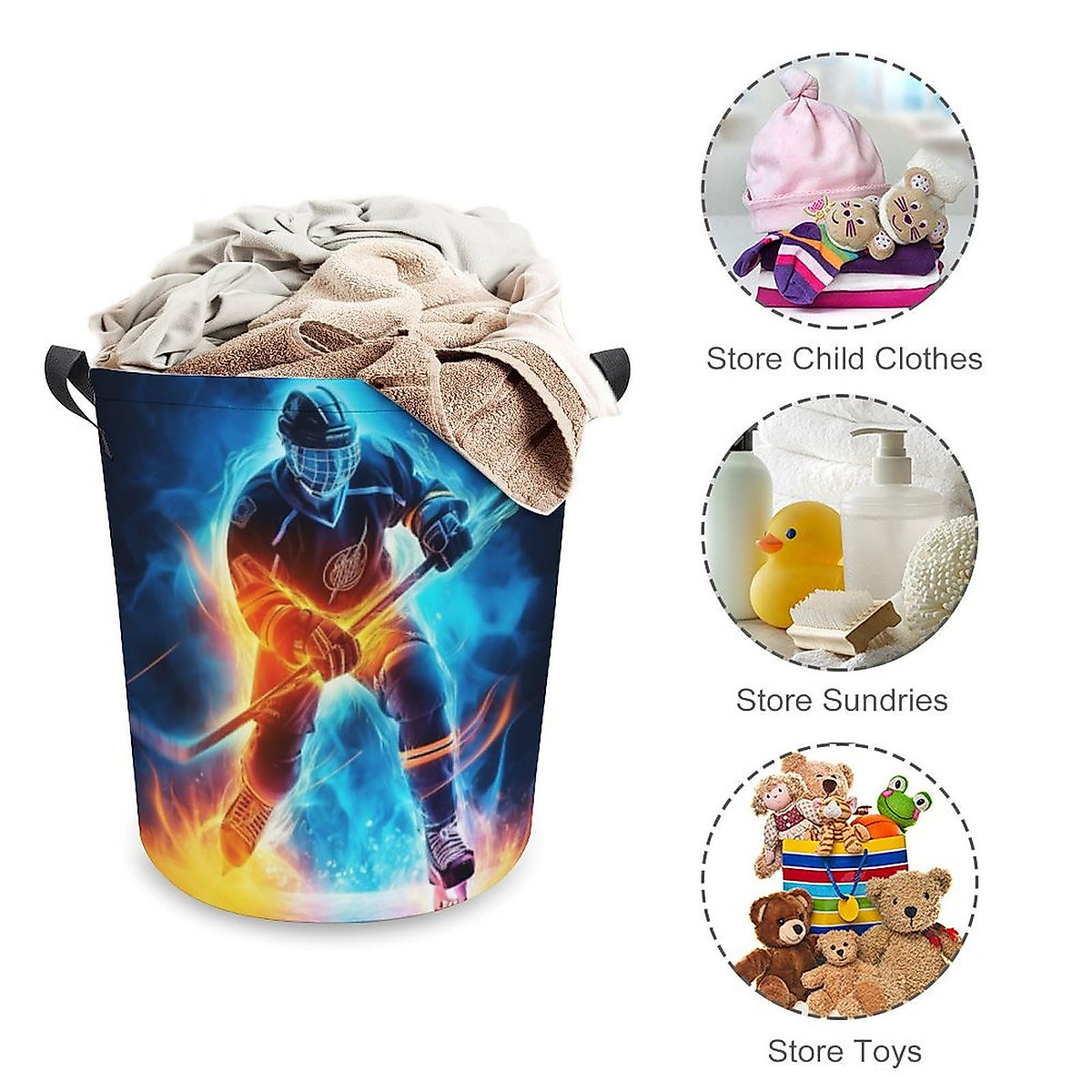 Hockey Player Playing Laundry Basket Hamper Bag Dirty Clothes Storage Bin Waterproof Foldable Toy Organizer for Bedroom Clothes Toys Basket