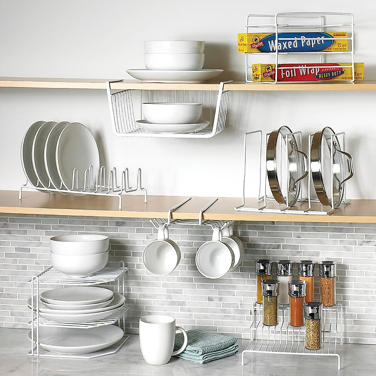 Home Basics Corner Rack, White, Vinyl Coated Steel, Rust Resistant, 2-Tier Shelf, Keeps Spices and Cups Organized, 9x9x8.5in