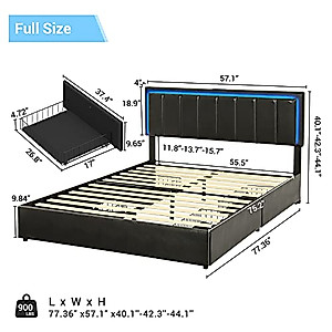 DICTAC Full LED Bed Frame with 4 Storage Drawers and Headboard Modern Full Size Upholstered Platform Bed Frame with Led Lights and USB Ports Faux Leather Full Storage Bed,No Box Spring Needed,Black