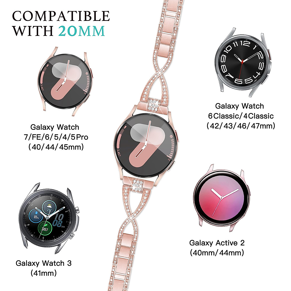 G-ficu Galaxy Watch 7 6 5 4 band, 20mm X-Shape Band for Samsung Watch 4 5 6 7 Bands 40mm 44mm, Women Bling Diamond Metal Band for Watch 4 6 Classic/Watch FE/5Pro/Watch 3 41mm/Active 2-Rose Gold