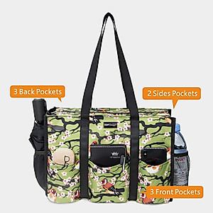TOPDesign Utility Water Resistant Tote Bag with 13 Exterior & Interior Pockets, Top Zipper Closure & Thick Bottom Support, for Working Women, Teachers, Nurses, Accountants (Bird)